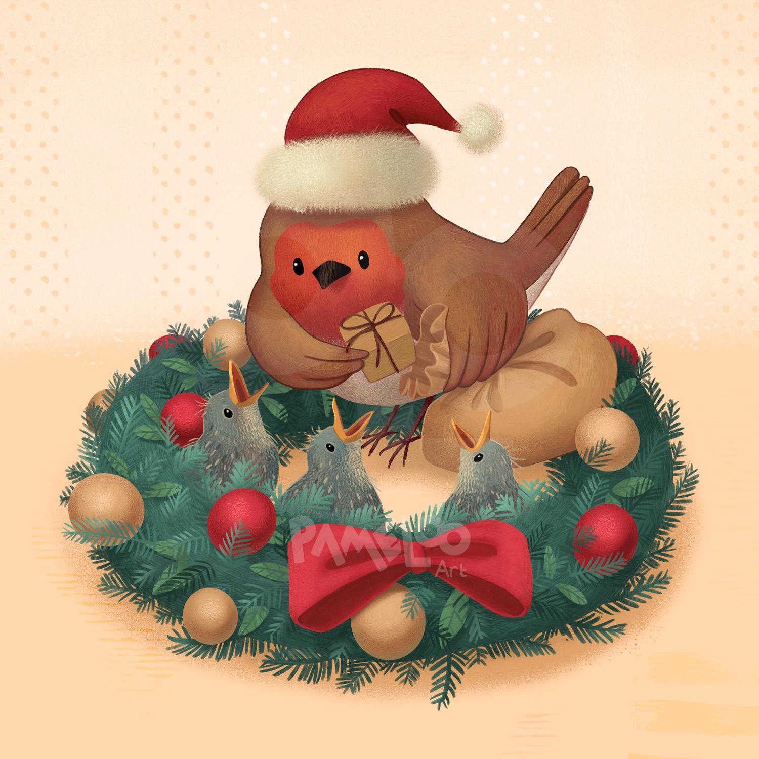 Robin Santa Christmas Card Design - Pameloo Art